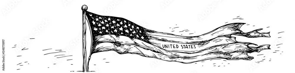 american flag waving in the wind vector sketch illustration in ink ...