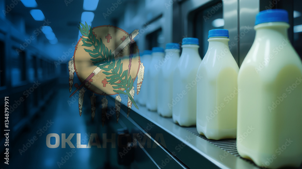 Milk production in the Oklahoma. A conveyor with bottles of milk ...
