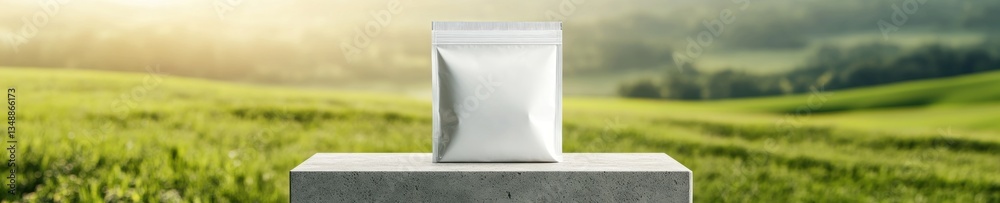 Professional mockup of plain white protein bag on concrete stand with ...