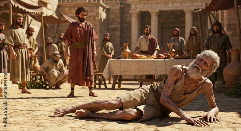 Parable of the rich man and Lazarus, beggar lying on the ground asking ...