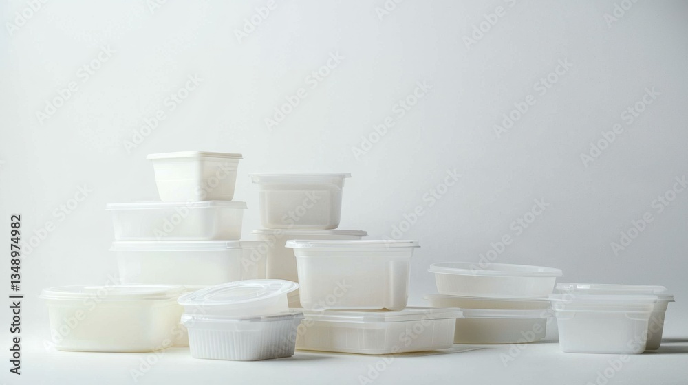 A pile of plastic containers on a blue background ready for packaging ...