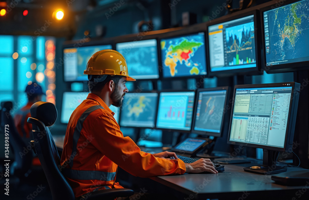 Male engineer analyzes data on computer screens in oil rig control room ...
