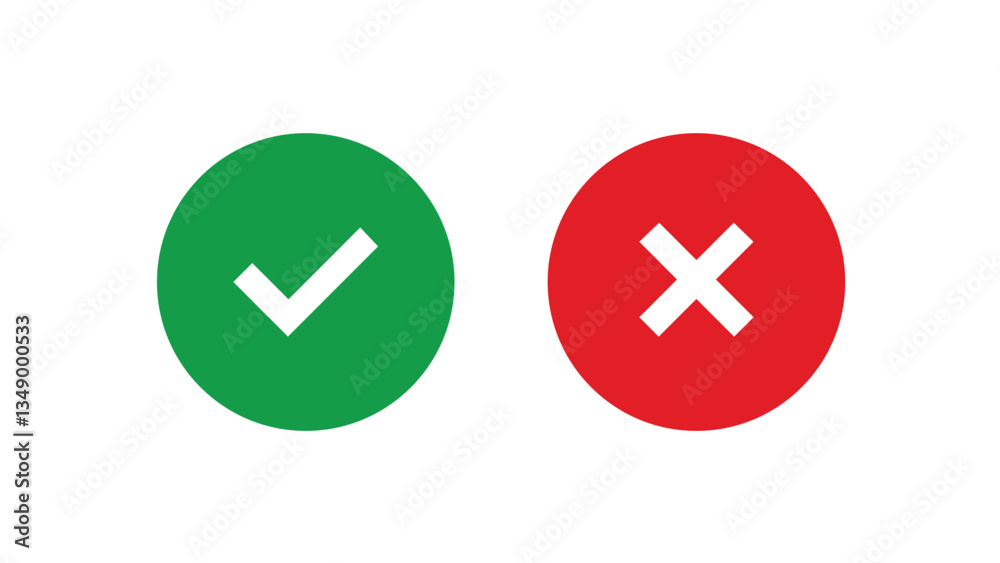 Check mark icons. Green tick and red x. Symbols of approval and Decline ...