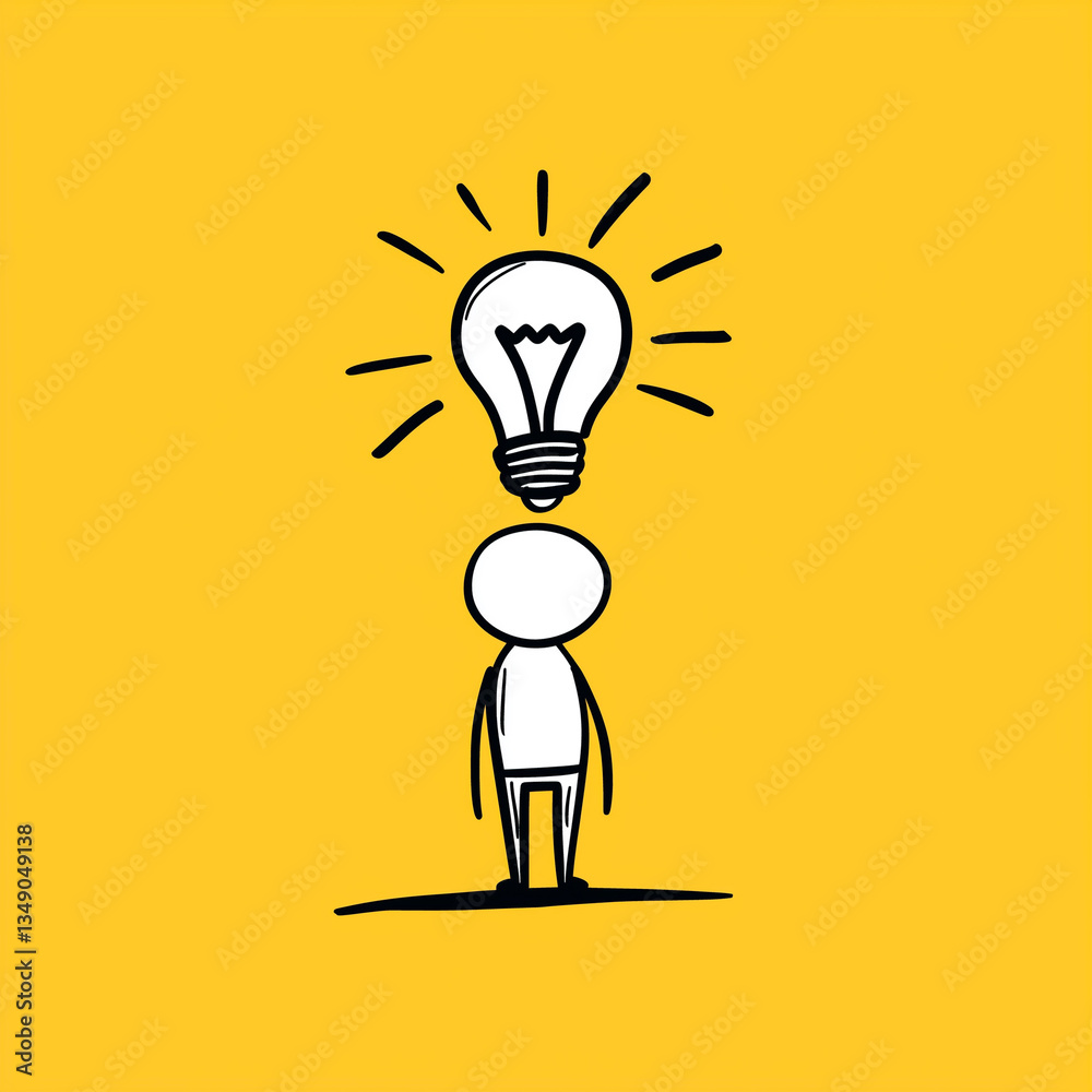 Stick figure person with a light bulb above their head, on a yellow ...
