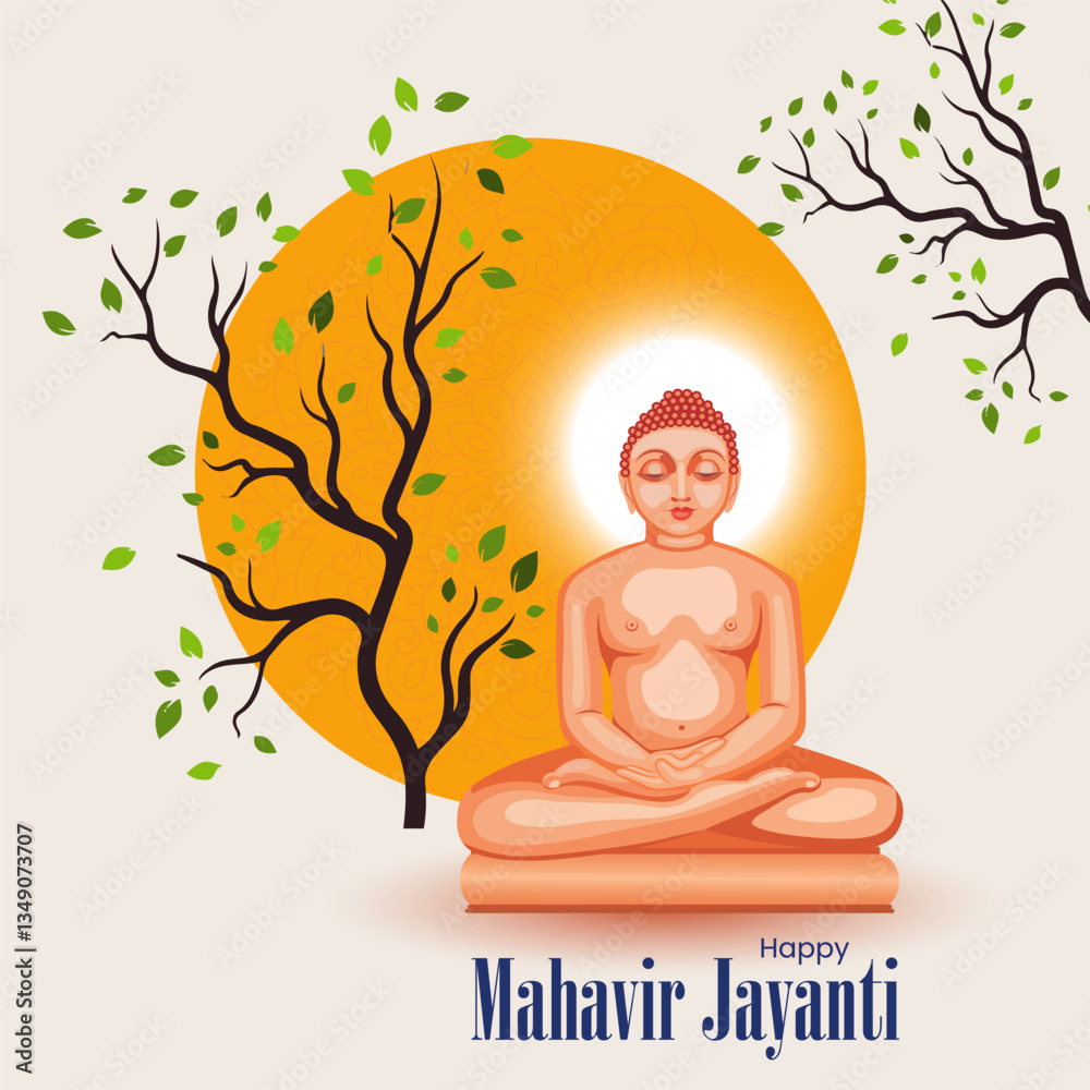 Sacred Mahavir Jayanti Artwork – Enlightened Lord Mahavir Sitting in ...