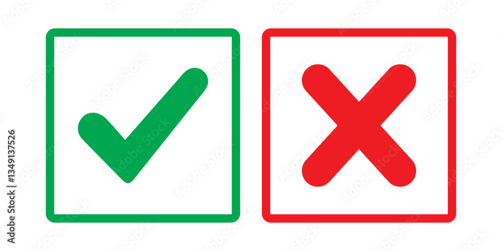 Green check mark, red cross mark icon set. Isolated tick symbols, checklist signs, approval ...
