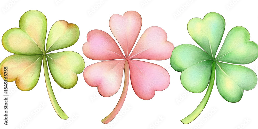 Watercolor Illustration Of Colorful Clovers On Transparent Background ...