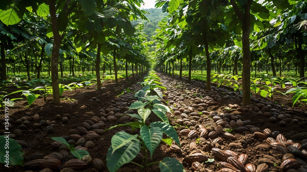 Cocoa plantation in Ghana where farmers tend to cacao trees under ...