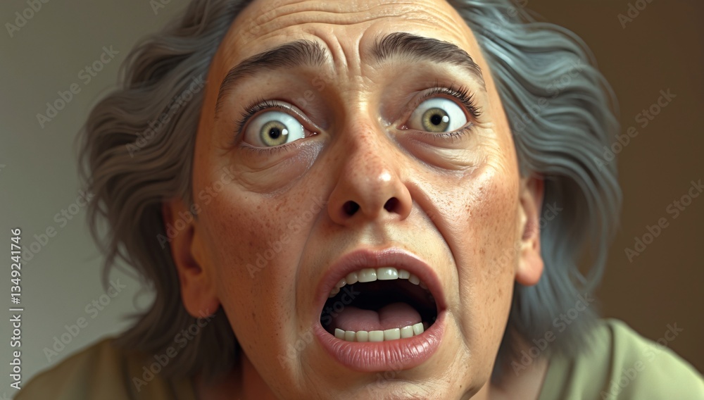 Frightened elderly woman with gray hair and wide eyes expressing deep ...