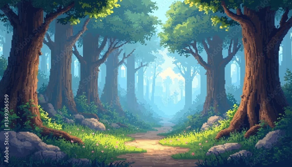 Pixel art illustration enchanted forest scene with path. 8-bit video ...