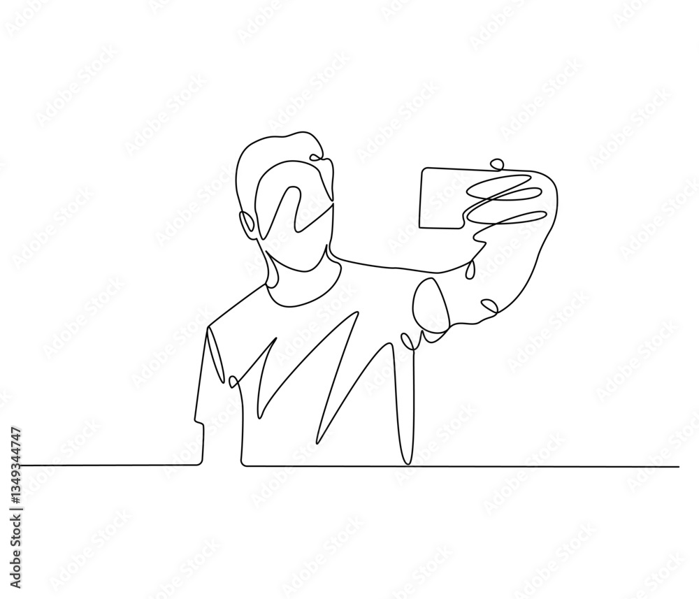 Continuous one line drawing of Man selfie with smartphone. Single line ...