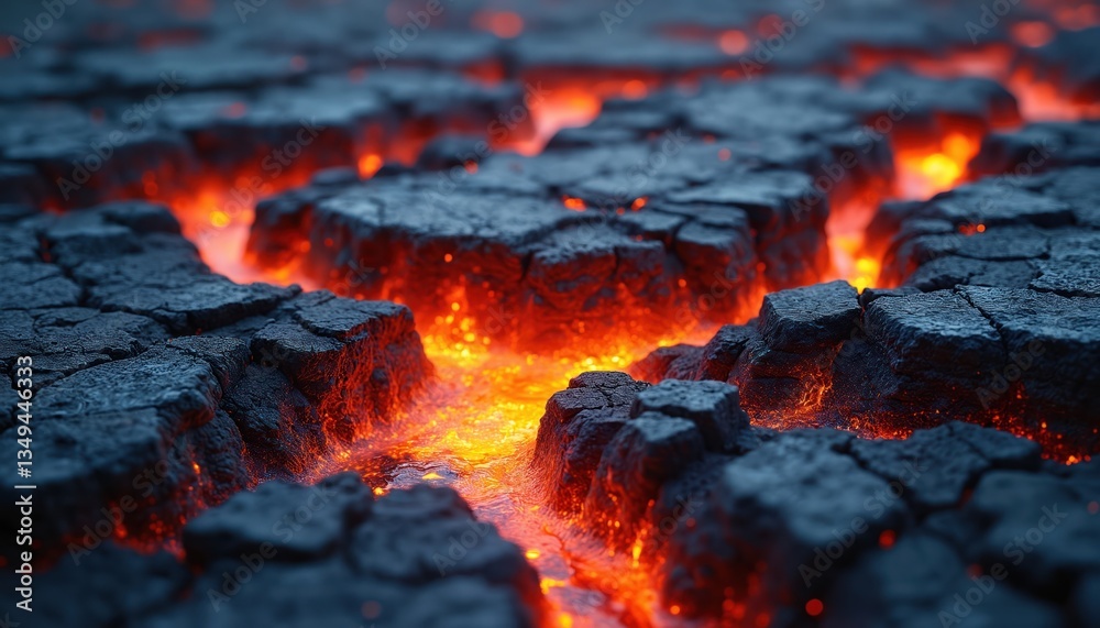 Molten lava flows through cracks in earth surface. Fiery red-orange ...