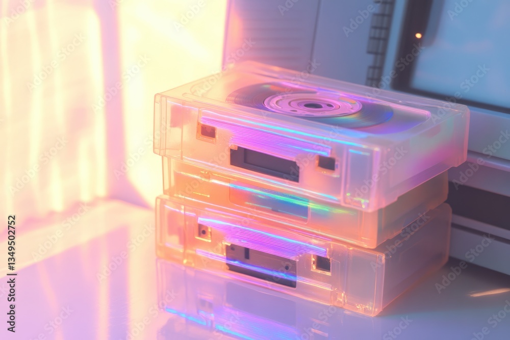 Two iridescent VHS tapes stacked near a vintage video player bathed in ...
