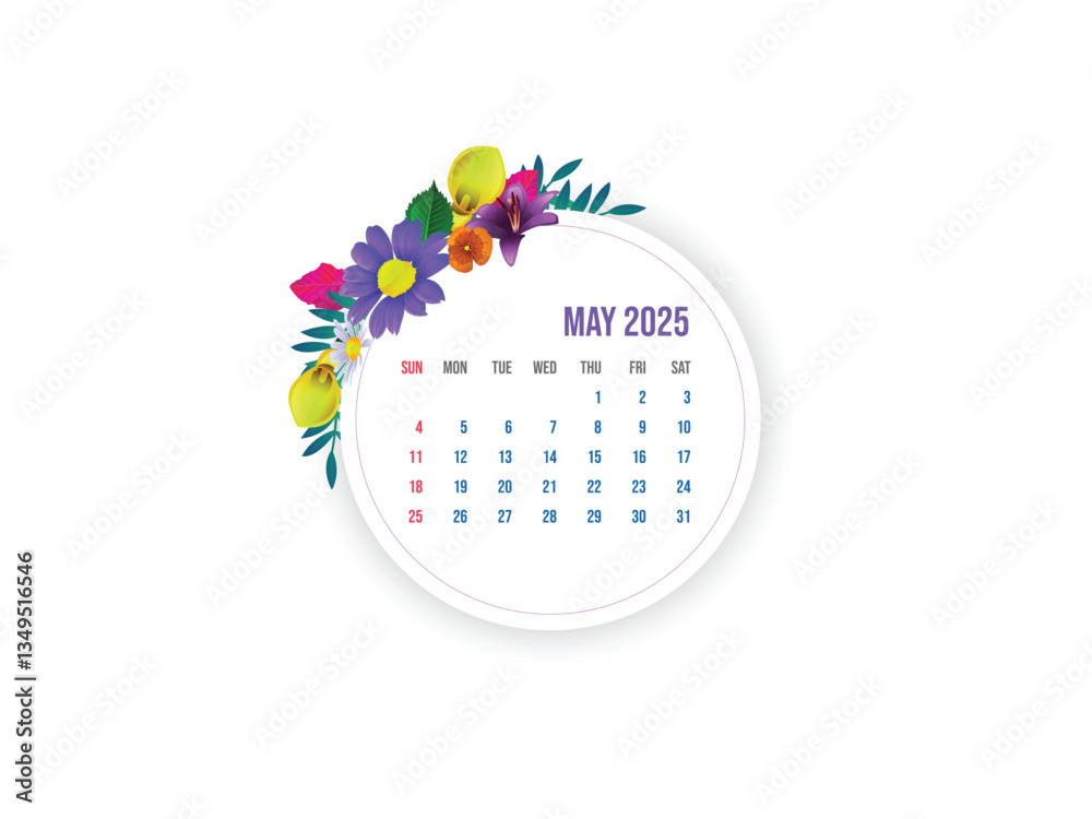 May 2025. Flower monthly calendar template 2025 year in simple style ...