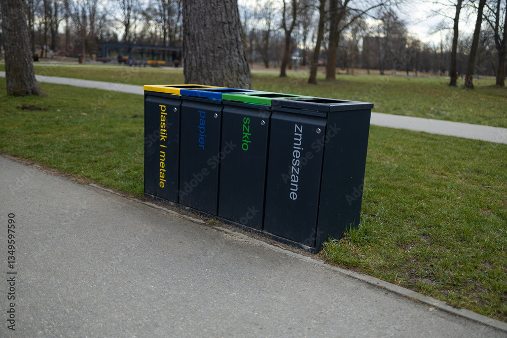 Four separate trash bins for recycling in the park, each labeled for ...