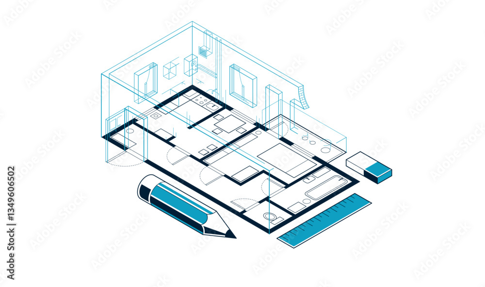 Flat plan drawing with pencil, floorplan residential house or apartment ...