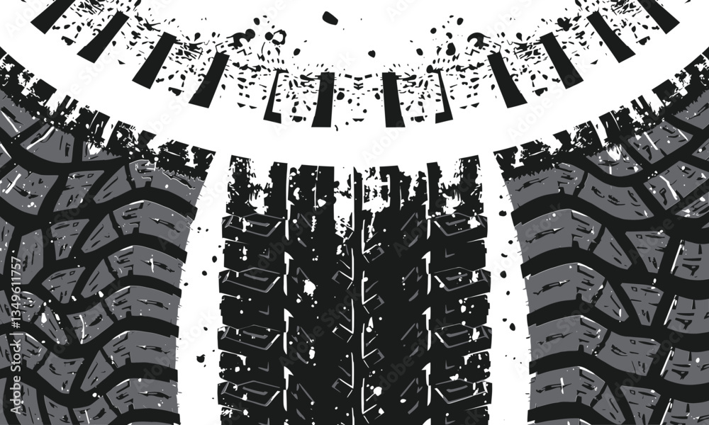 Tire texture with detailed tread patterns, showcasing grooves and design for optimal grip and ...