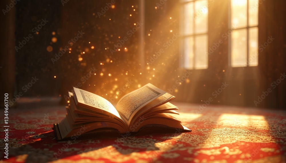 Open Quran book glows with radiant light. Rays shine on holy text ...