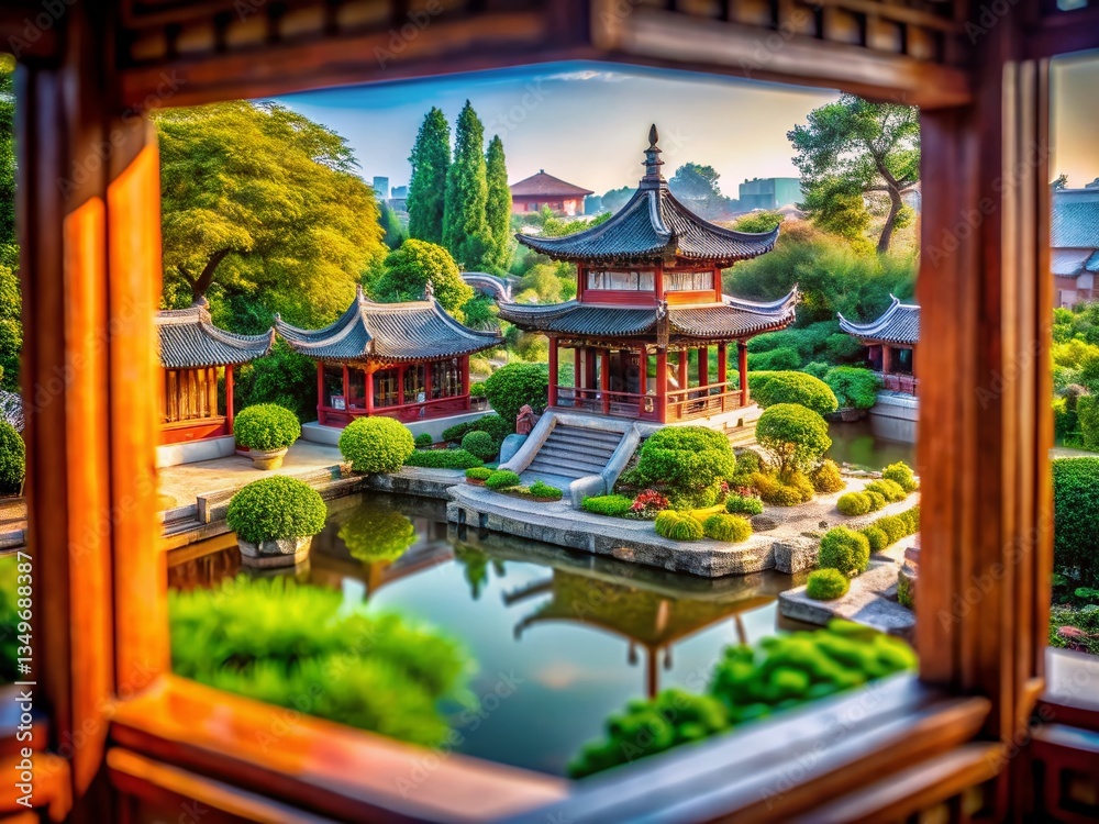 Miniature Chinese Garden Square Frame, Tilt-Shift Photography, Asian ...