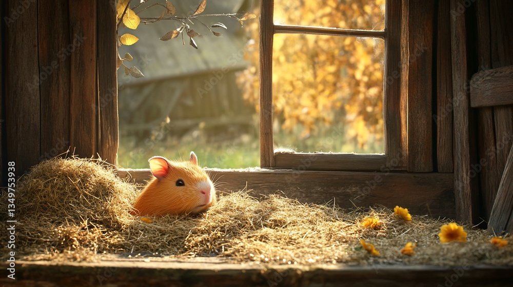 Guinea pig peers from hay-filled window of rustic shed, autumn foliage ...