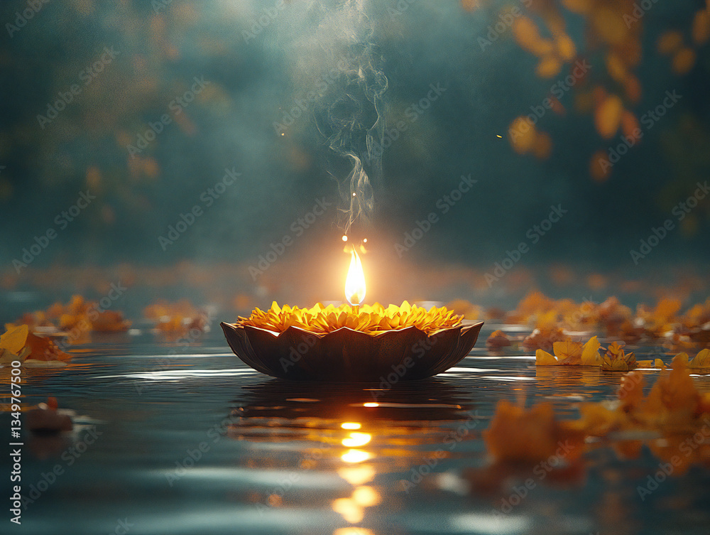 Kartika Purnima Ritual Lamp Placement on Reflective Water Surface for ...