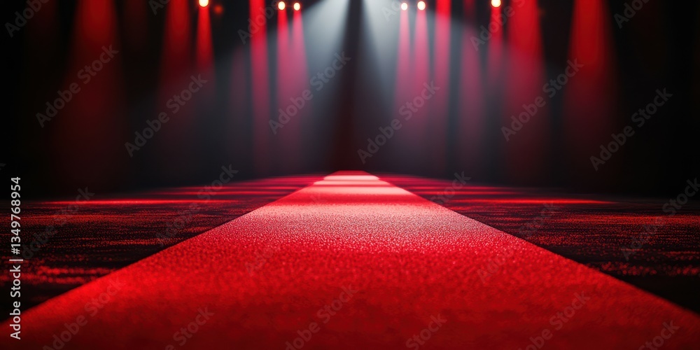 Red carpet runway illuminated by dramatic spotlight in an event space ...