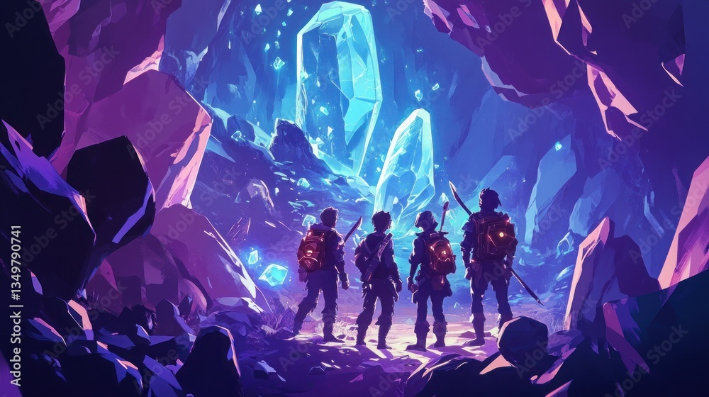 Adventurous heroes explore a mystical cave filled with glowing crystals ...