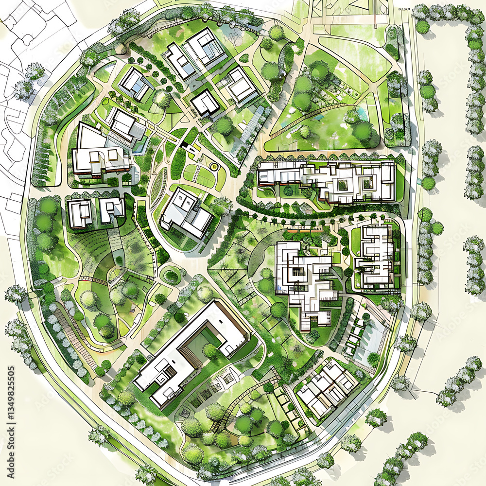 Architectural sketch rendering of a residential community master plan ...