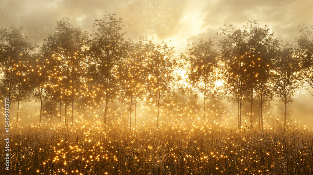 Magical field of trees illuminated by swarms of fireflies creating a ...