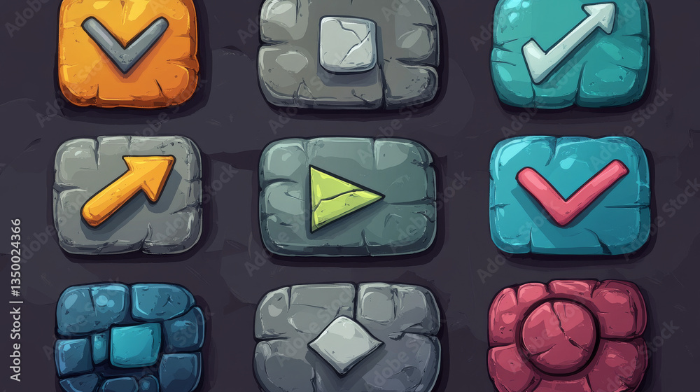 Ui stone texture game button frame cartoon vector set. Medieval ...