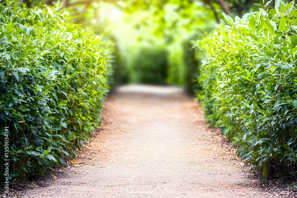narrow hedge maze corridor with sharp turn ahead, sunlight casting ...