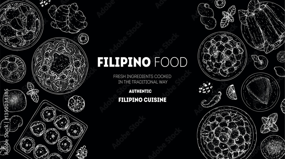 Filipino food top view illustration. Food menu design template. Hand ...
