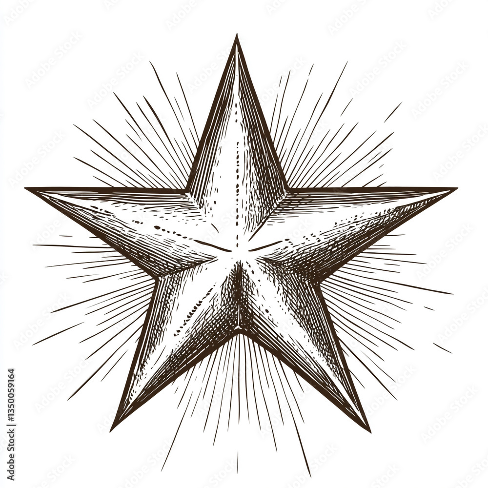 A detailed monochrome sketch of a five pointed star with radiating ...