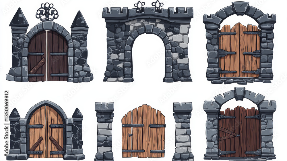 Medieval castle gates. Old wooden doors with stone brick arch and iron ...