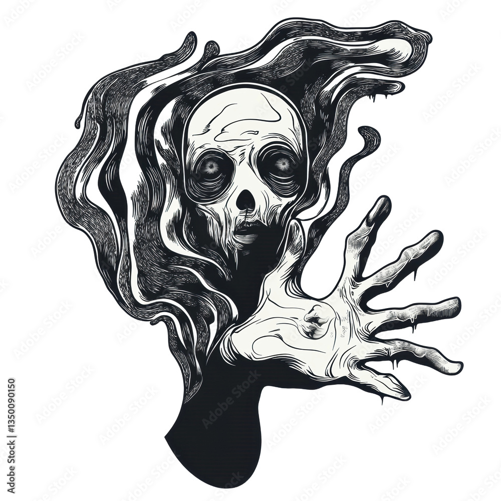 Spooky skull figure emerging from dark smoke, eerie ghost hand ...