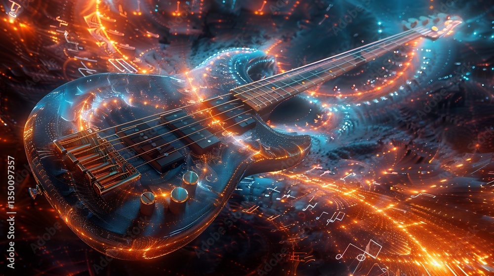 Стоковая иллюстрация «Surreal fusion of a bass guitar and a glowing ...