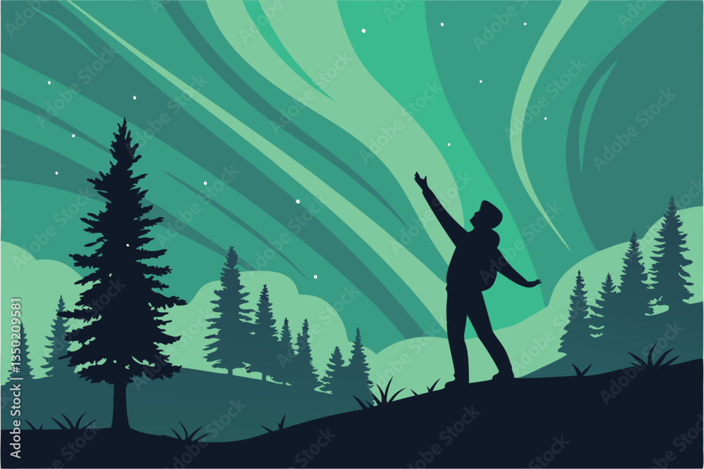 21 Aurora borealis, northern lights, silhouette figure with arms raised ...