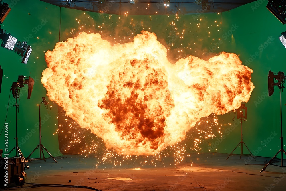 Realistic fireball explosion creating special effects in a green screen ...