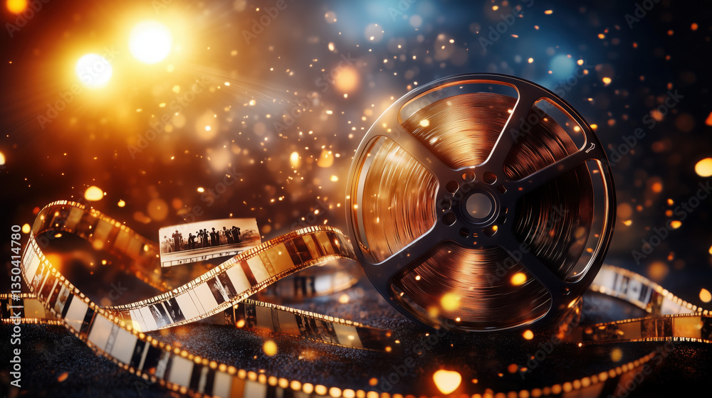 3D Model of a Vintage Film Reel Unwinding, Displaying Iconic Movie ...