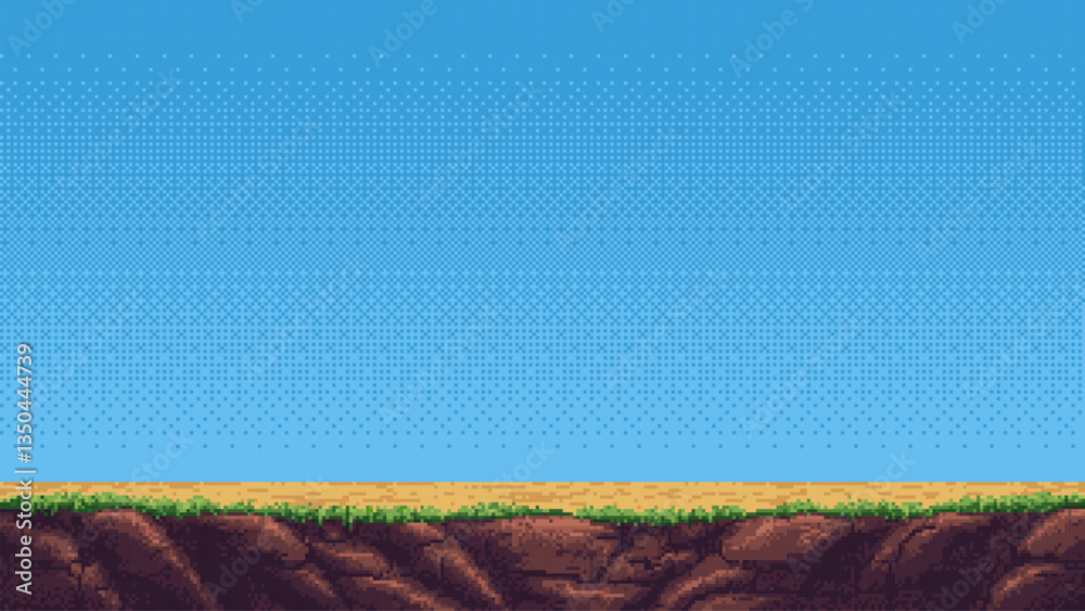 8-bit pixel art game level background. side scrolling game. blue sky ...