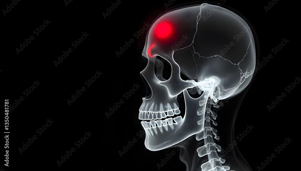 X-ray of human skull with highlighted head injury, showing fracture and ...