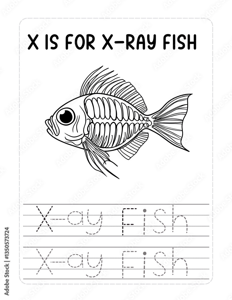 Cute cartoon fish X-ray with the text "X is for X-ray Fish", coloring ...