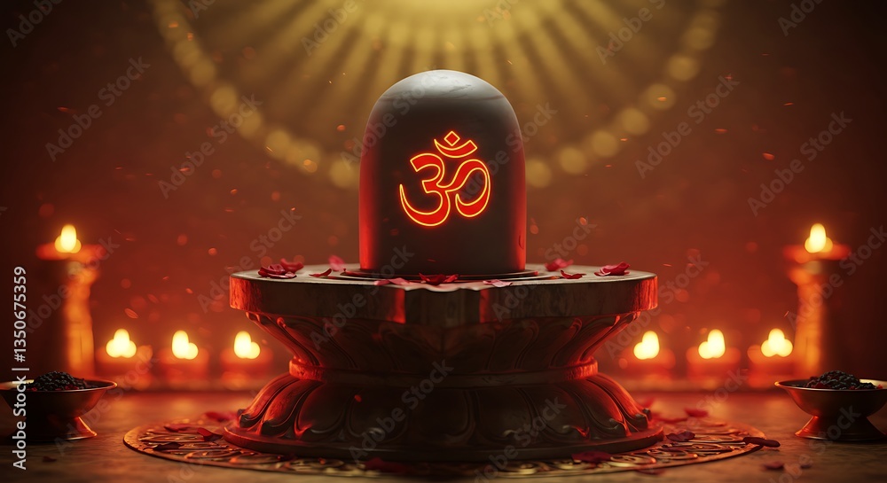 Fotografie Shiva Lingam with Rudraksha and flowers ,Shiva Lingam with ...