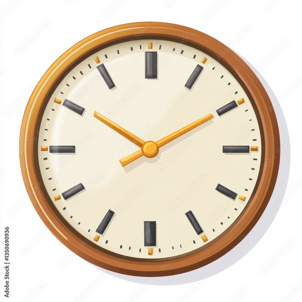 Round analog clock with gold hands and wooden frame on a white ...