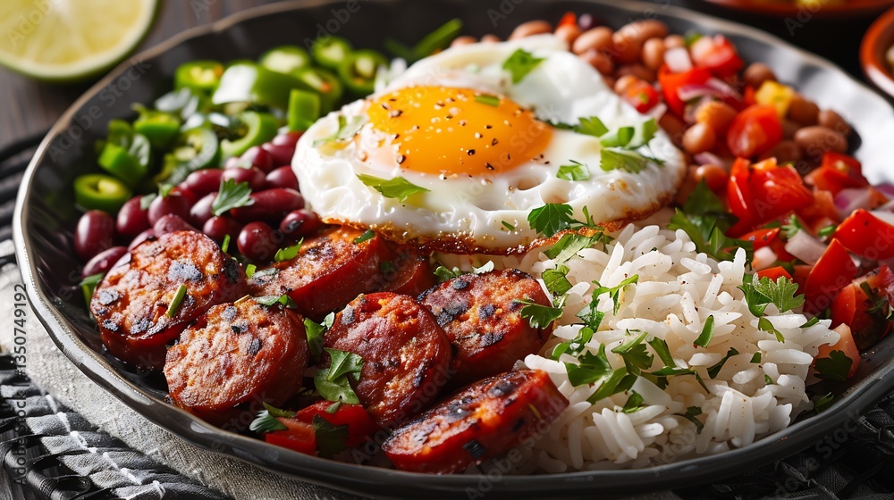 Colombian bandeja paisa chorizo egg rice and beans fully plated on ...