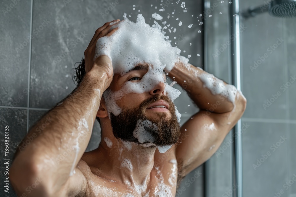 Gentle skincare routine a man using foaming face wash in a minimalist ...