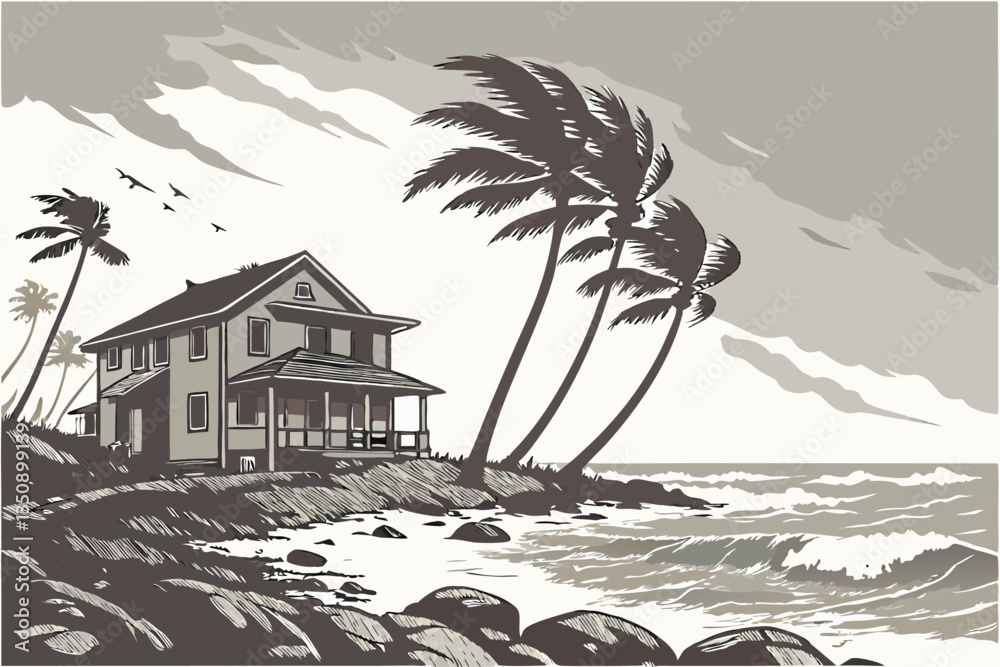 37 Tropical storm, damaged beachfront house, crashing waves, palm trees ...