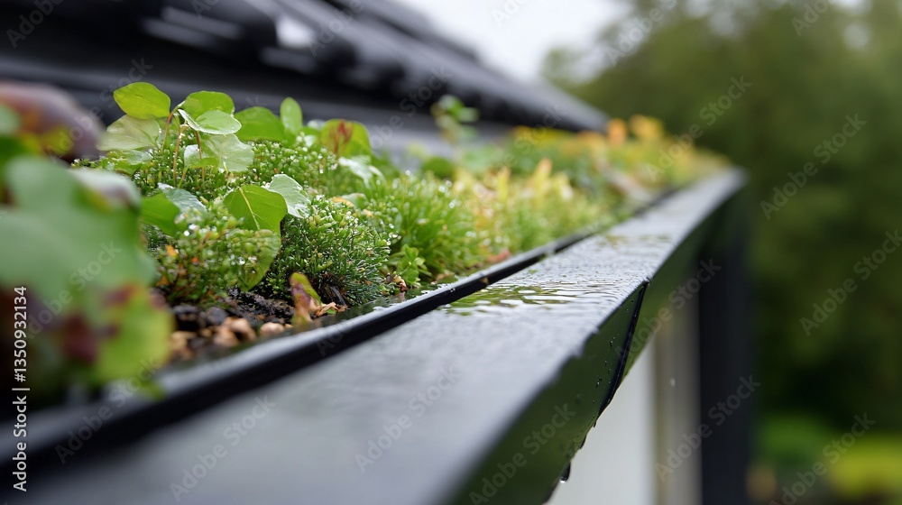 A green eco-friendly roof gutter made from recycled materials ...