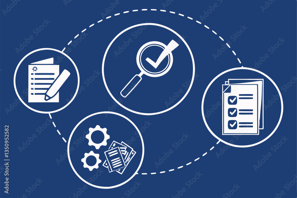 56 Document icons, circular buttons, blue background, magnifying glass ...