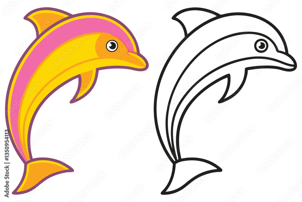 Adorable Cartoon Dolphin Illustration with Coloring Page Option Shows a ...